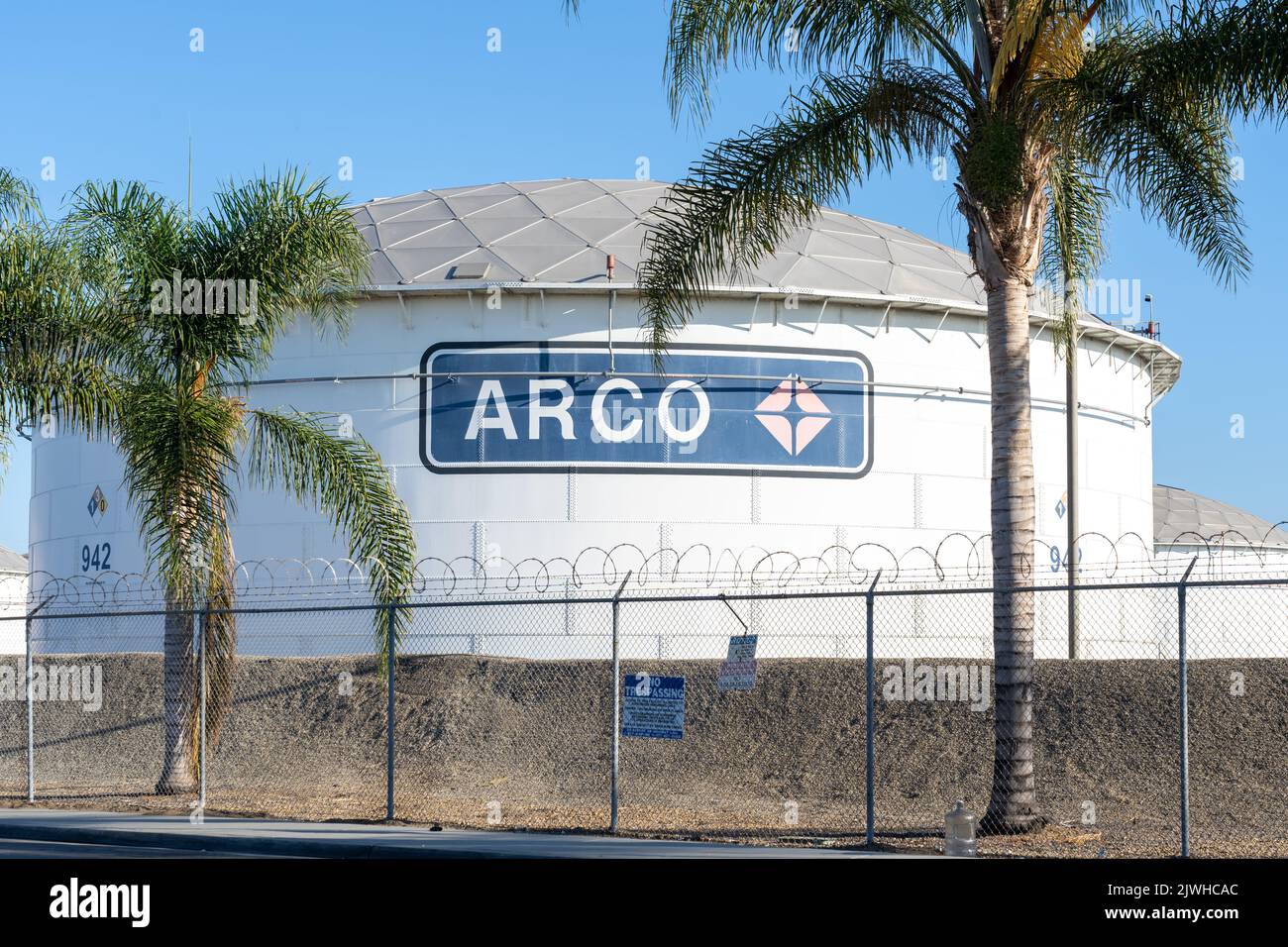 South Gate, California, USA - July 10, 2022: The Arco oil tanks are ...