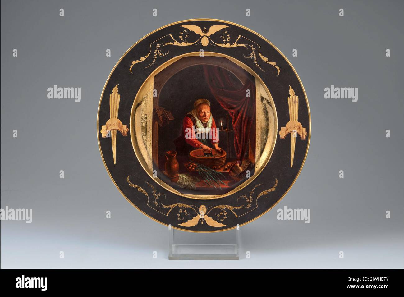 Plate with a miniature: A female cook peeling vegetables. Perger ...