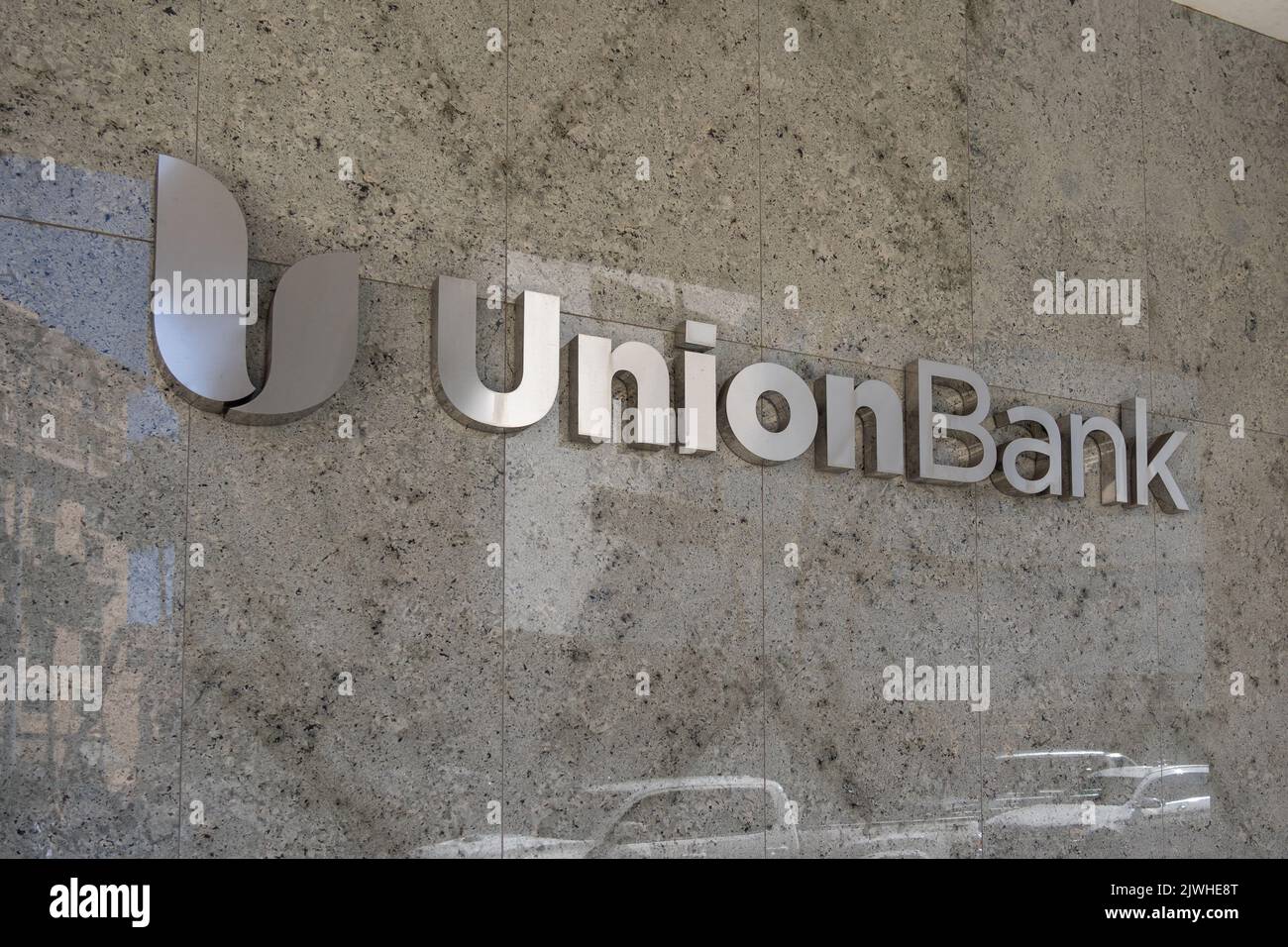 Beverly Hills, CA, USA - July 11, 2022: Close up of the Union Bank logo ...
