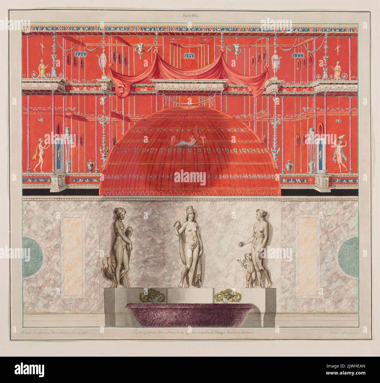 Vestigia delle Terme di Tito. View of apse in room 25 with the statues ...