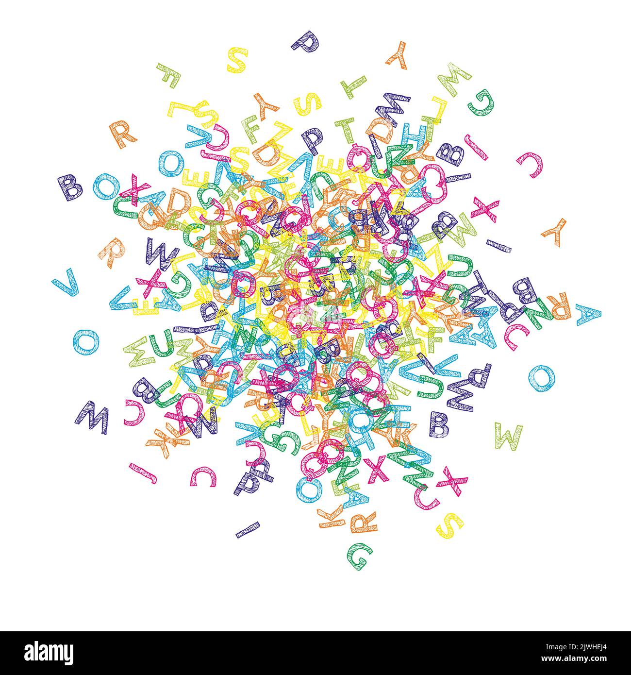 Falling letters of English language. Colorful sketch flying words of ...