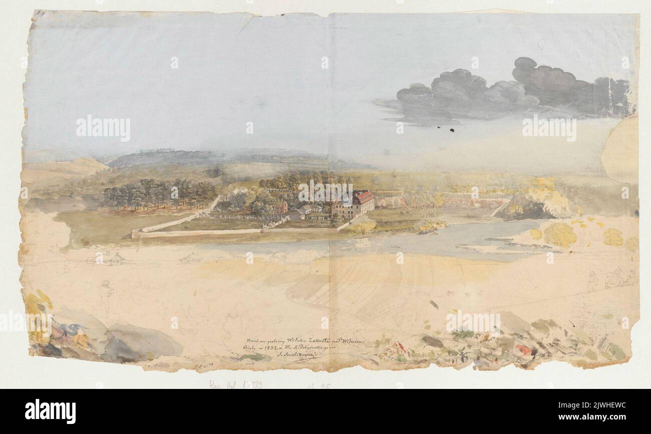 View of Zakret near Vilnius with ruins of the palace of General Levin ...