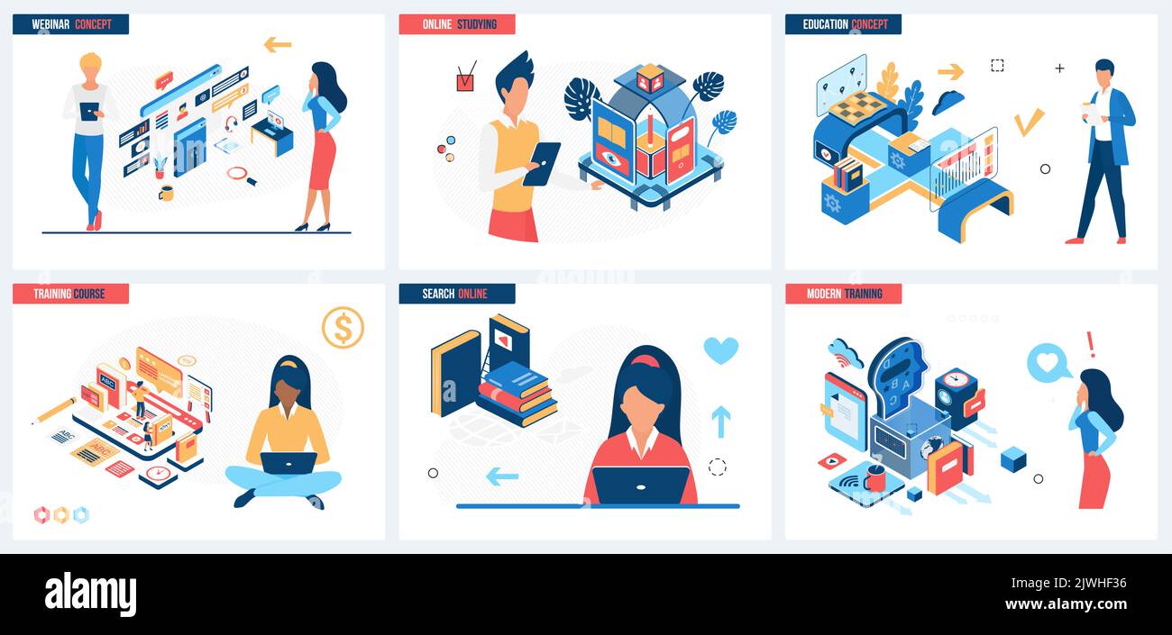 Online training, video service for webinar, digital lesson set vector ...