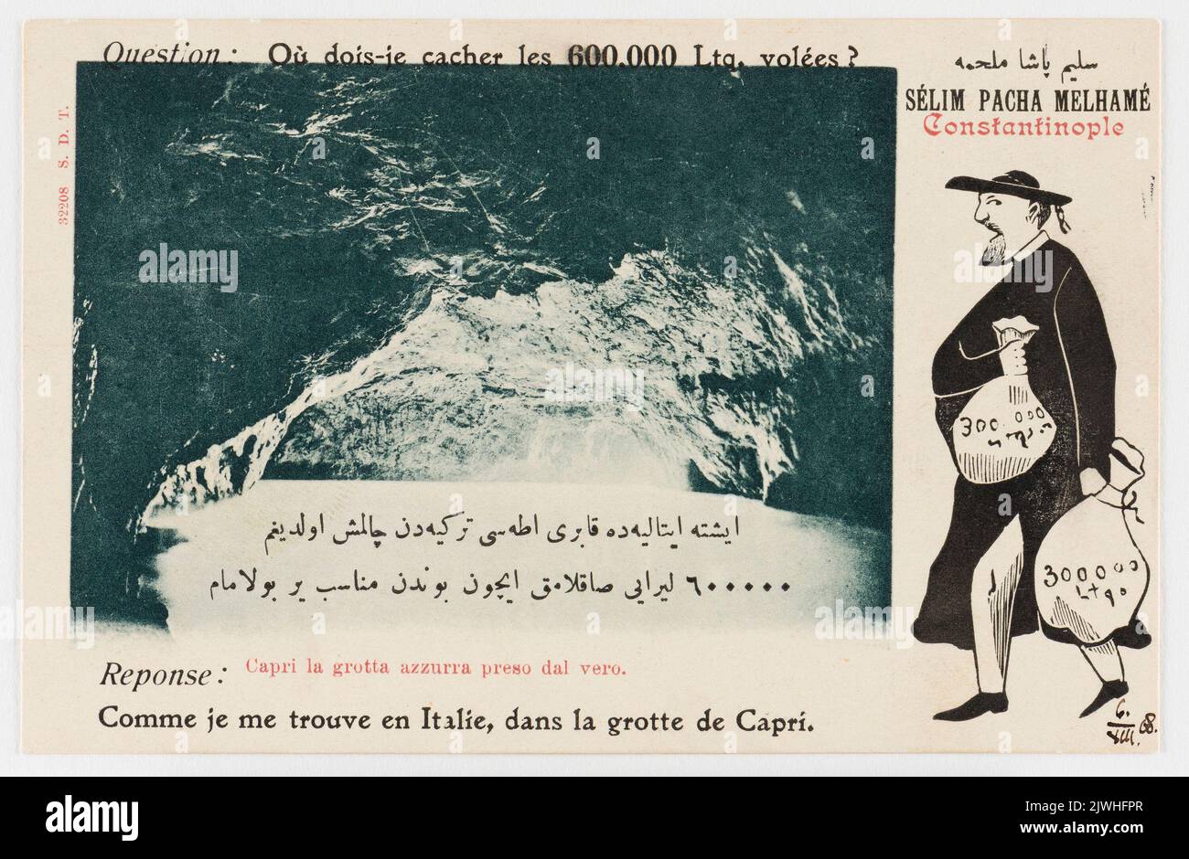 View of the Blue Grotto in Capri and caricature of Selim Pasha. unknown ...