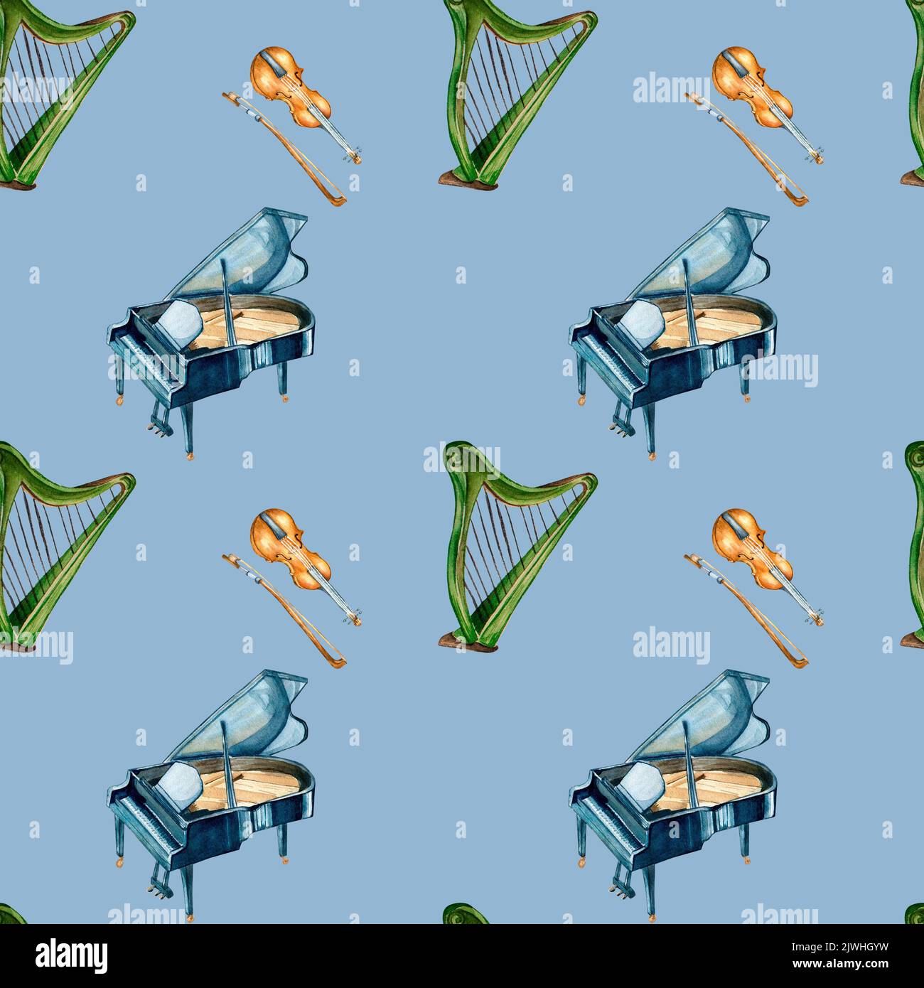 Piano, violin and harp watercolor seamless pattern on blue ...