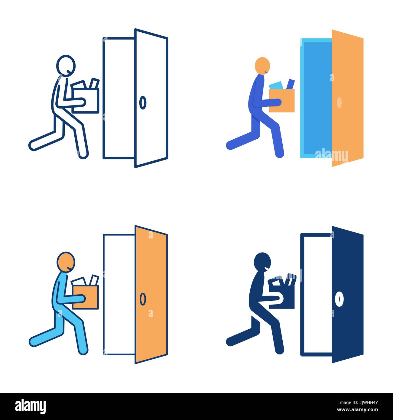 Happy employee leaving office icon set in flat and line style. Man ...