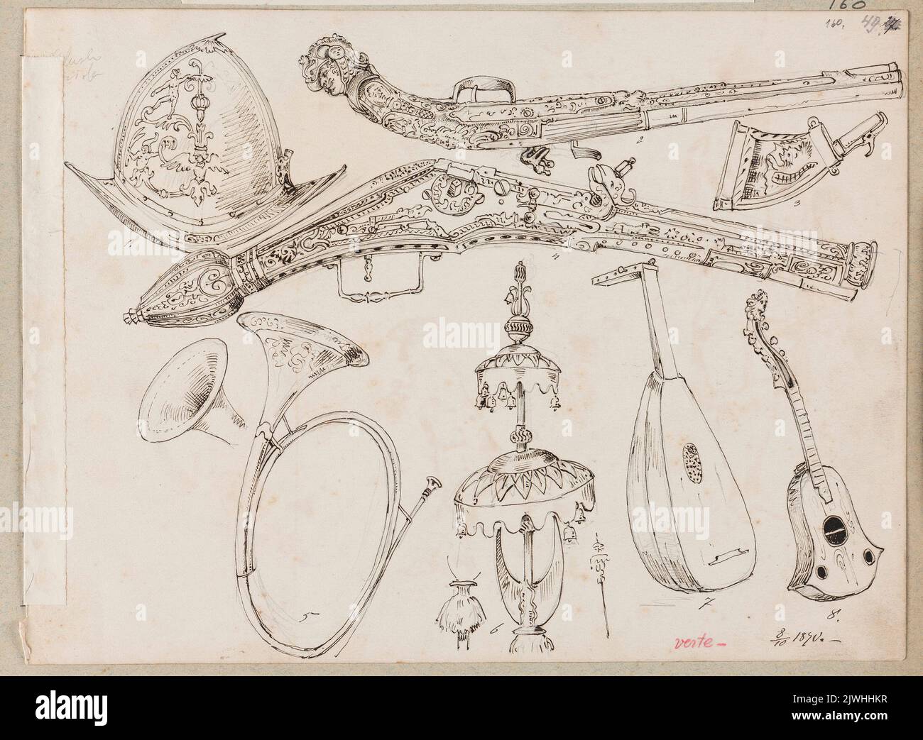 Studies of a crash helmet, firearms and musical instruments; verso ...