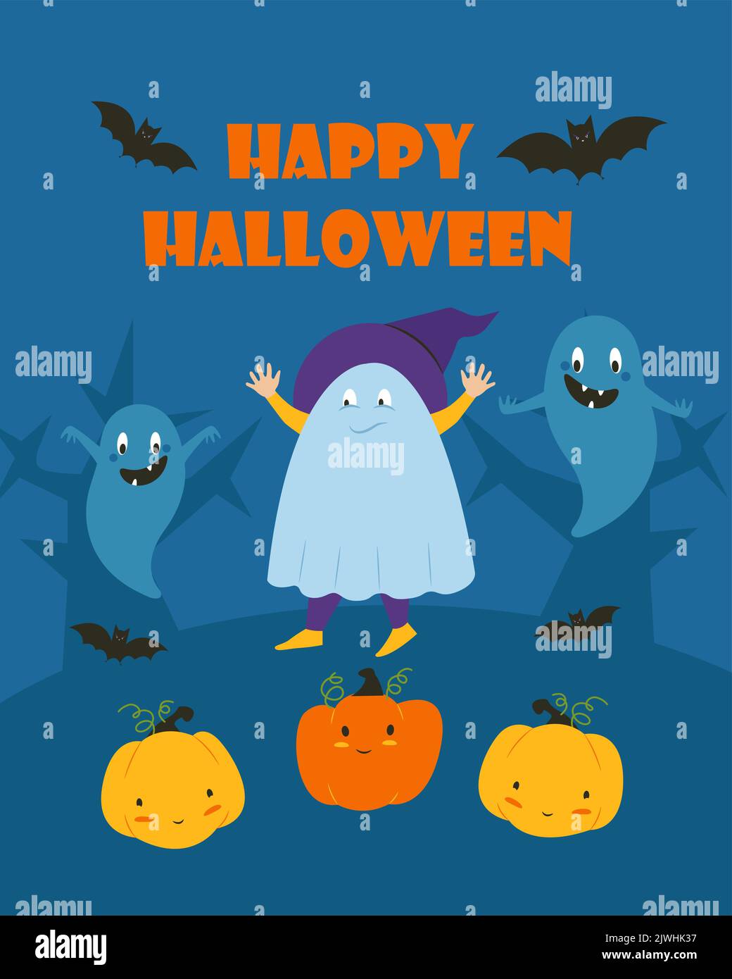 Postcard banner for Halloween, Children in costumes of ghosts and ...