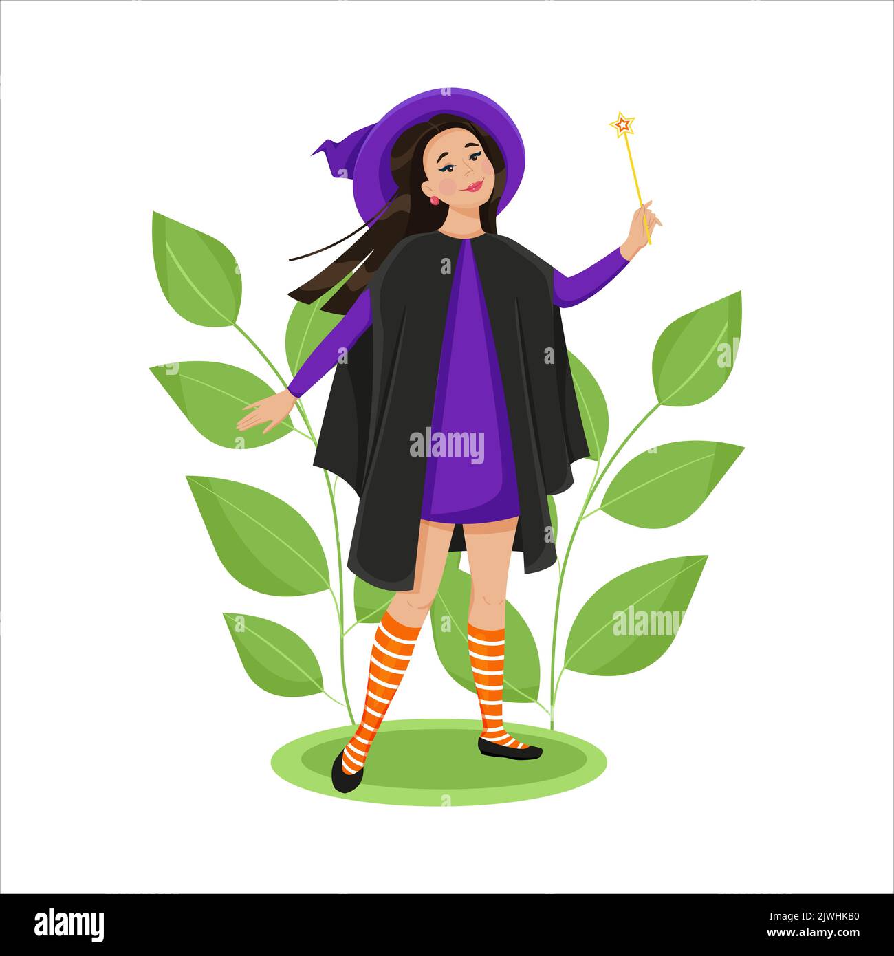 A cute witch in a robe and a big hat with a magic wand in her hand, a ...