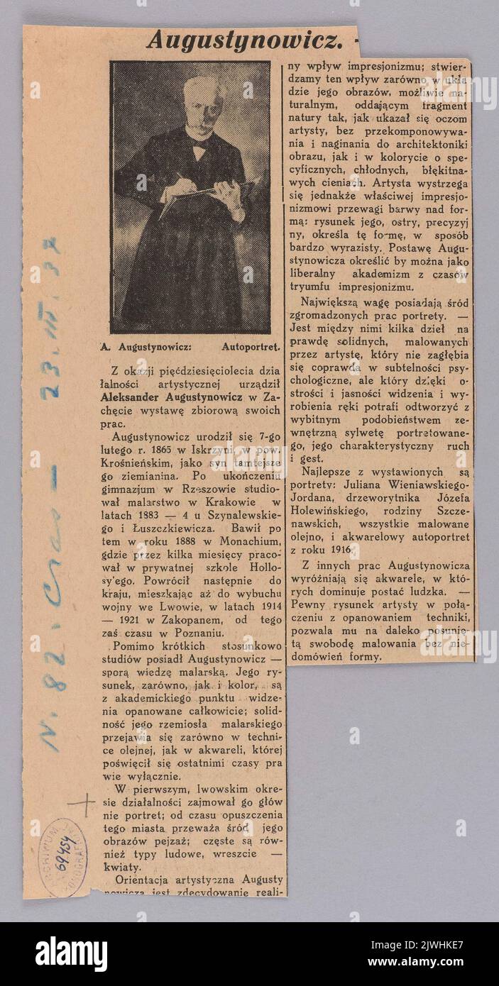 Reproduction of a painting: Augustynowicz, Aleksander (1865-1944), Self ...