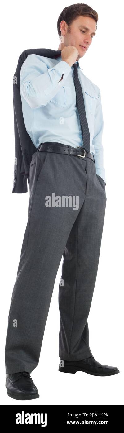 Serious businessman holding his jacket Stock Photo - Alamy