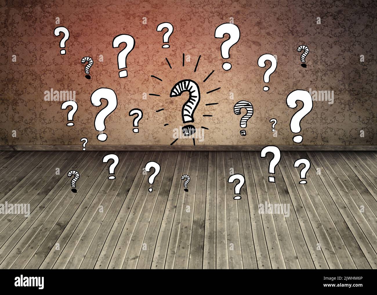 Question marks over dark room with floorboards Stock Photo - Alamy
