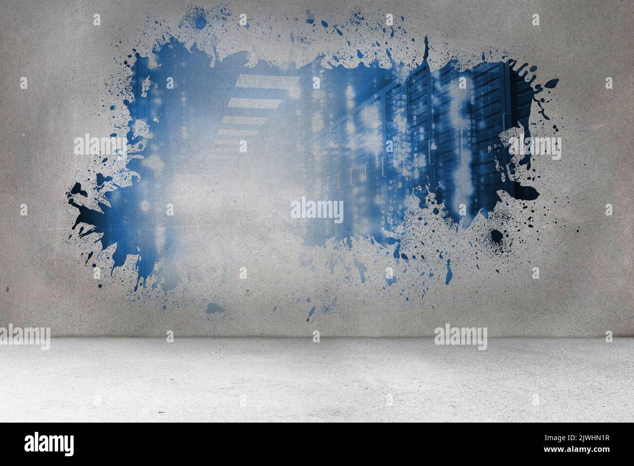 Splash on wall revealing server tower Stock Photo - Alamy