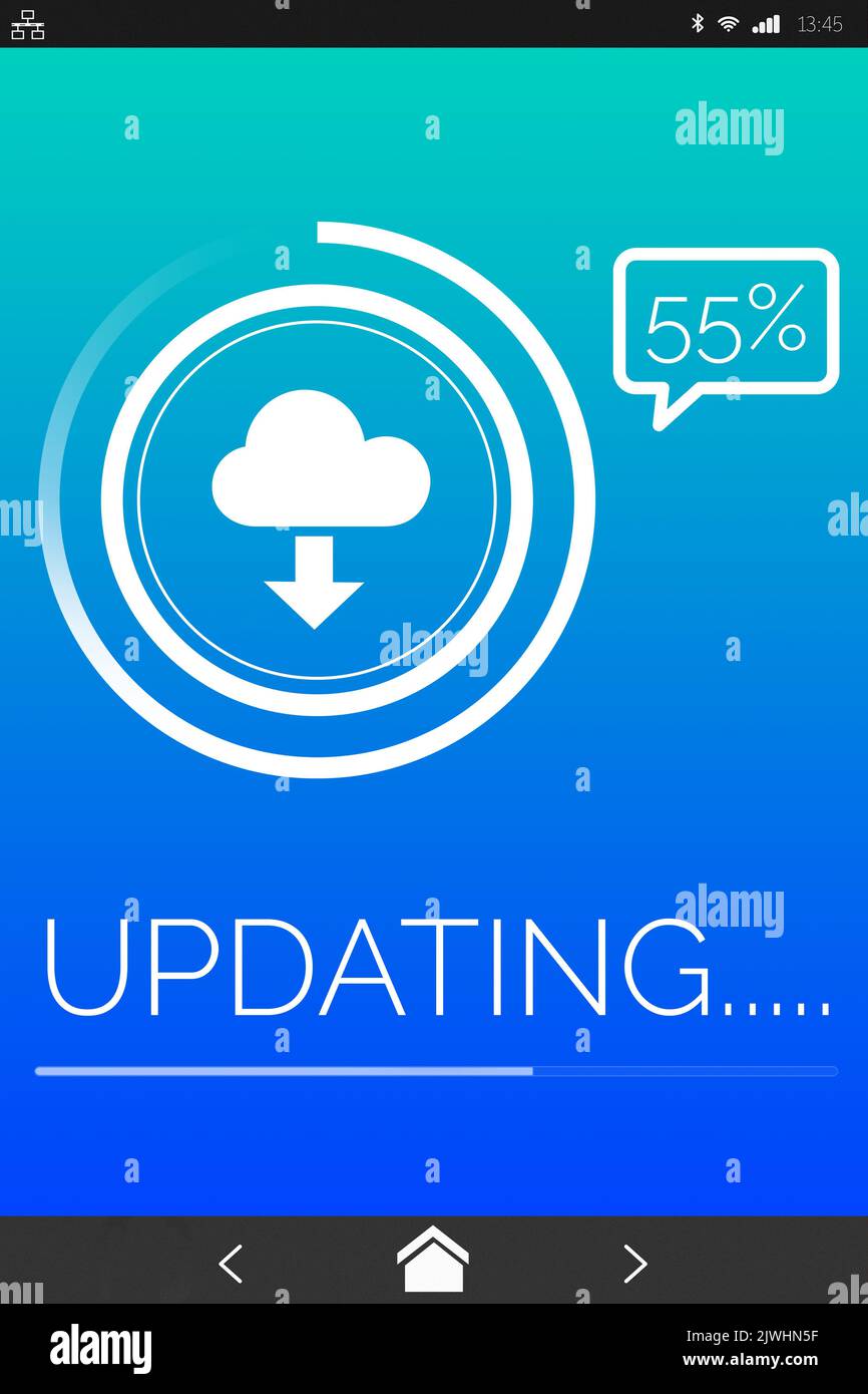 Update text with download symbol on blue digital screen Stock Photo - Alamy