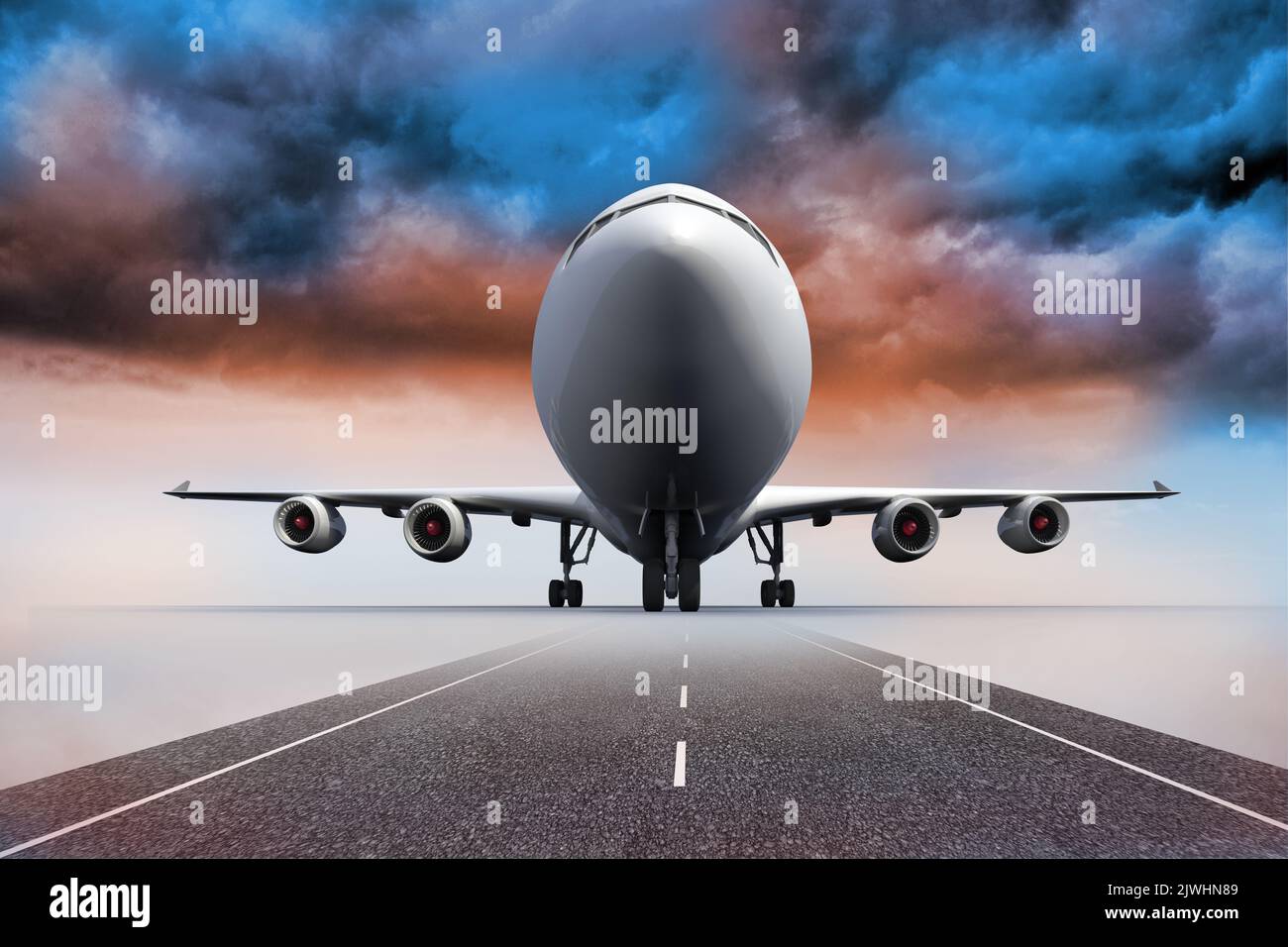 3D plane standing under colorful sky on runway Stock Photo - Alamy