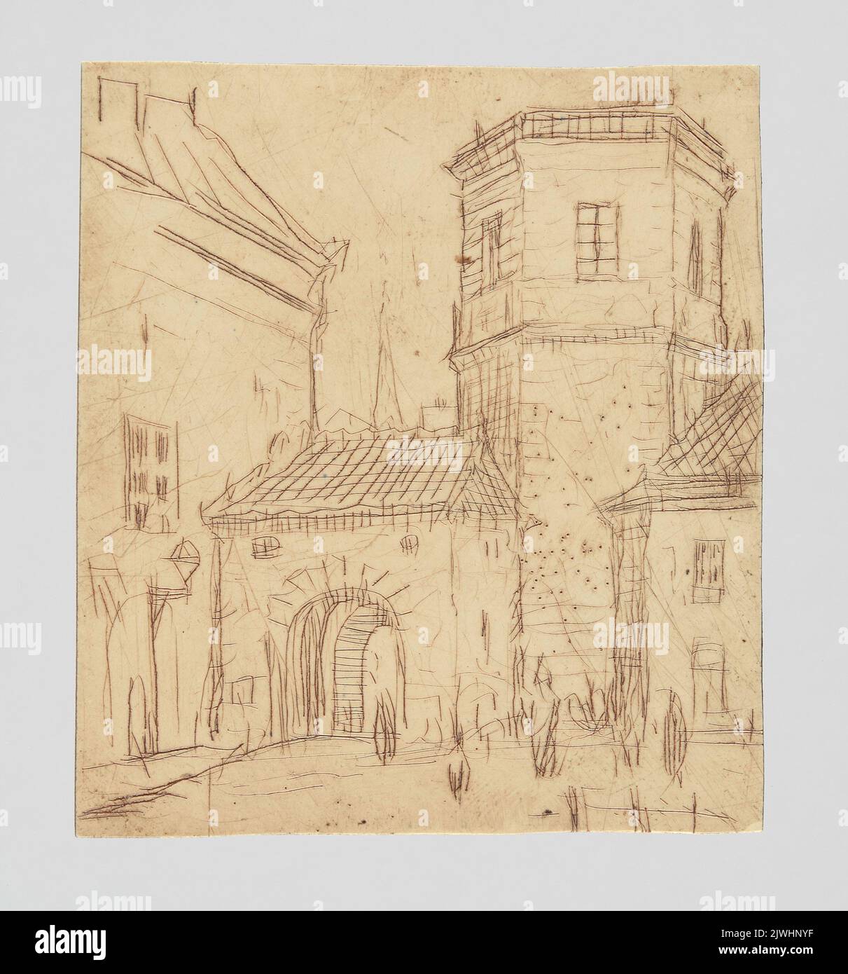 Urban view with a gate and a fortified tower. Jabłczyński, Feliks (1865 ...