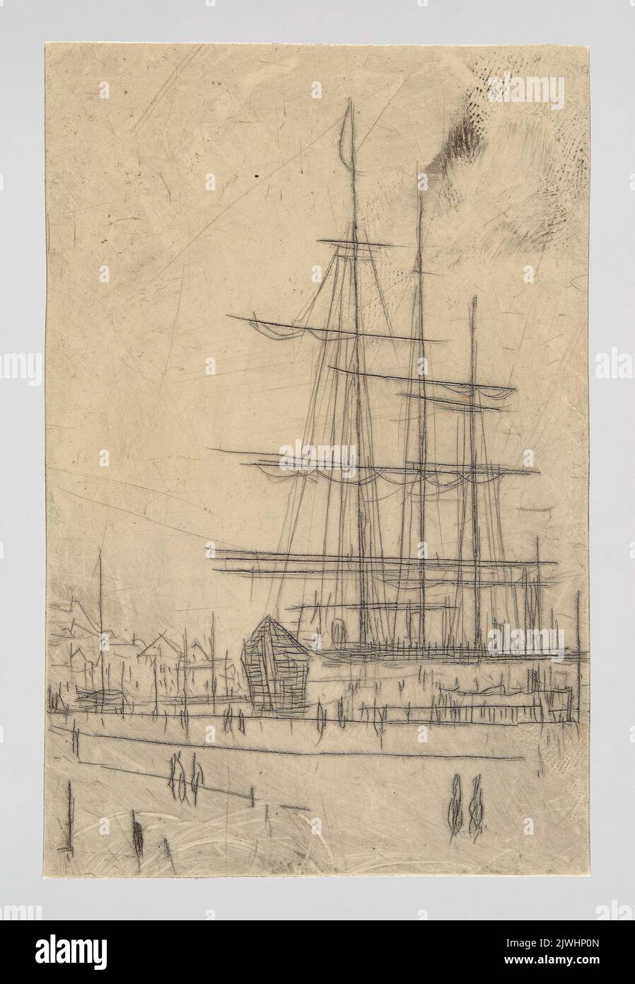 Sailing ship in the harbour. Jabłczyński, Feliks (1865-1928), graphic ...