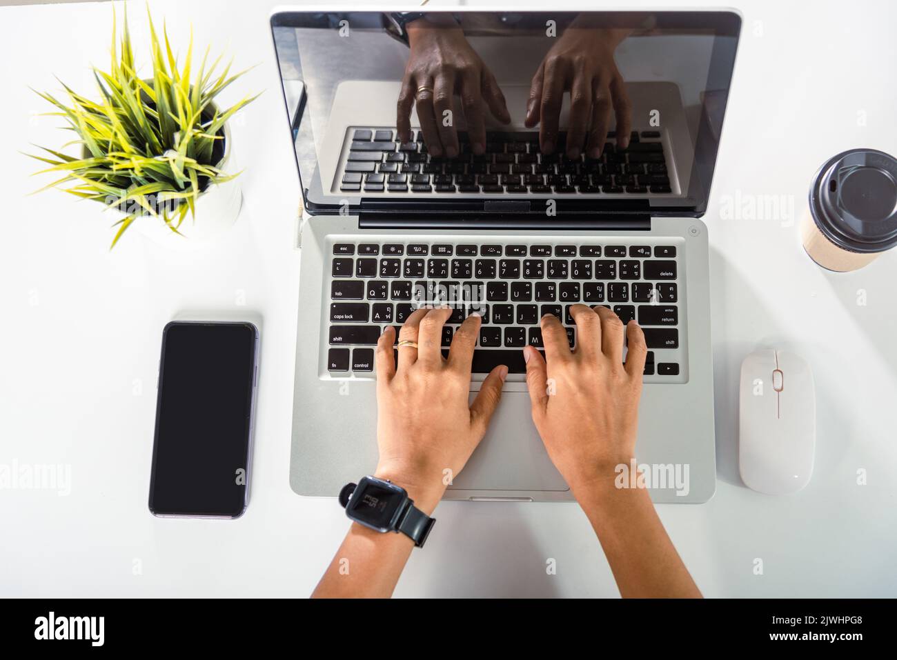 Typing keyboard. Female person text message for new project she remote ...