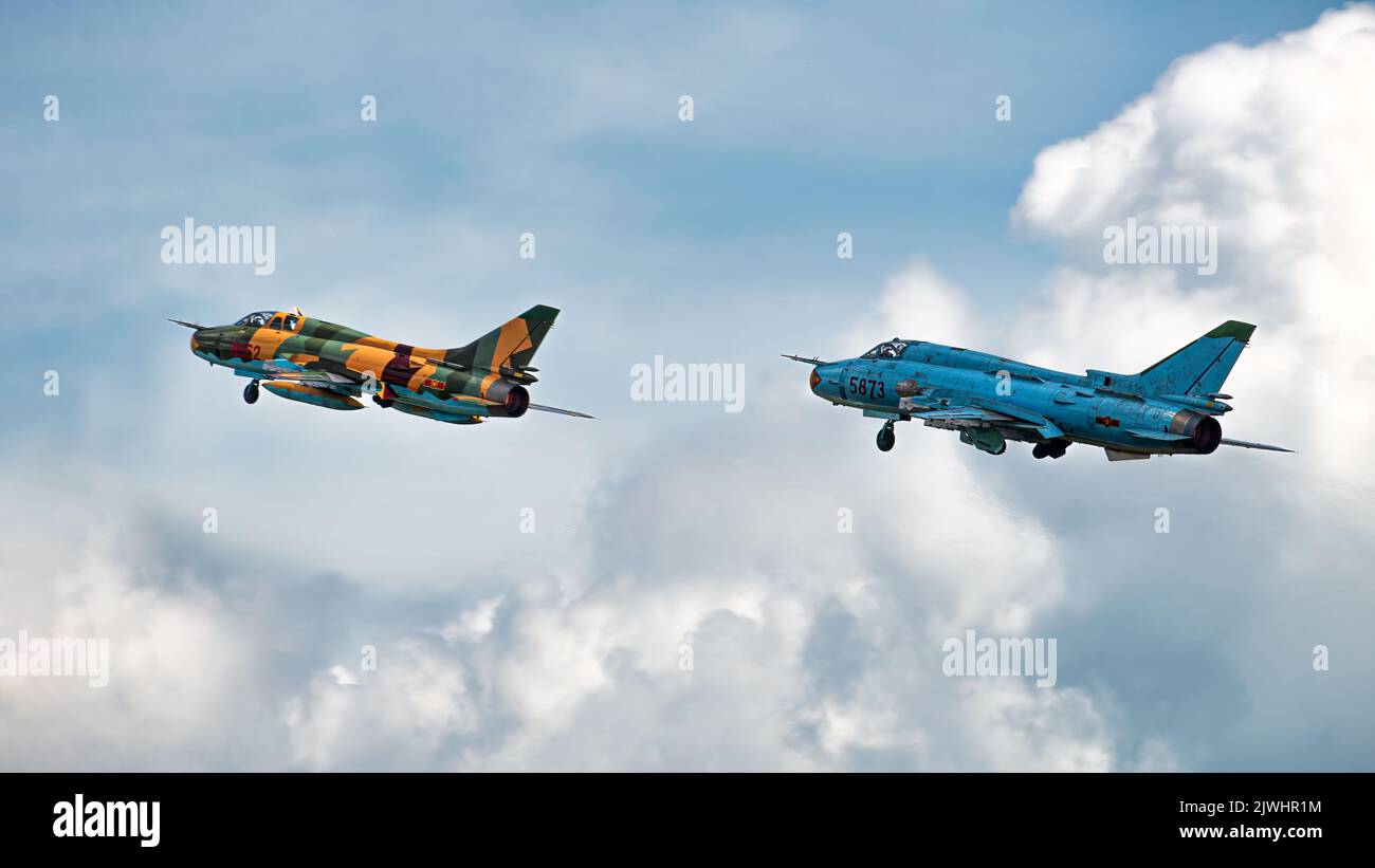 squadron of sukhoi su22 take off and fly by in demonstration day Stock ...