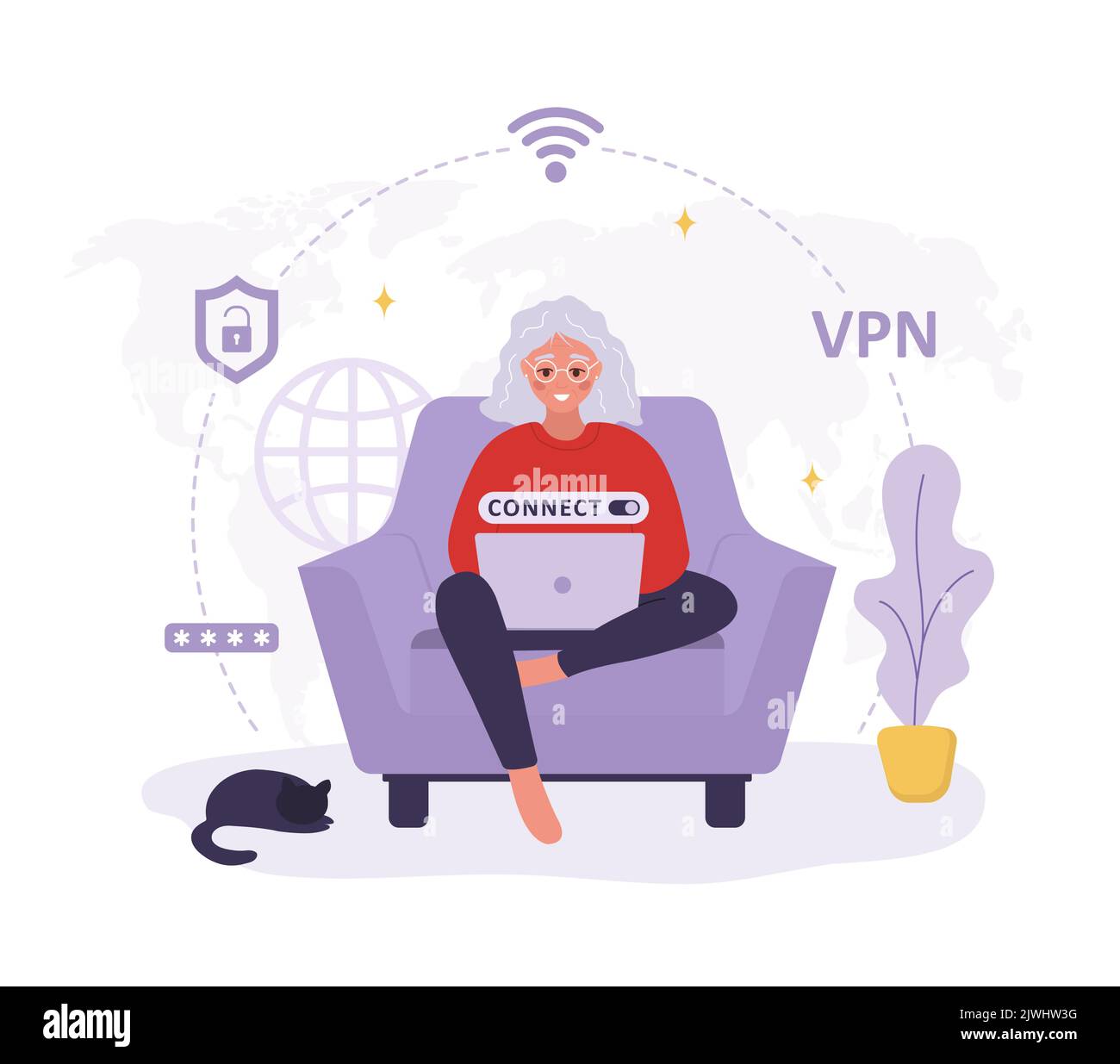 VPN service. Elderly woman using virtual private network. Personal ...
