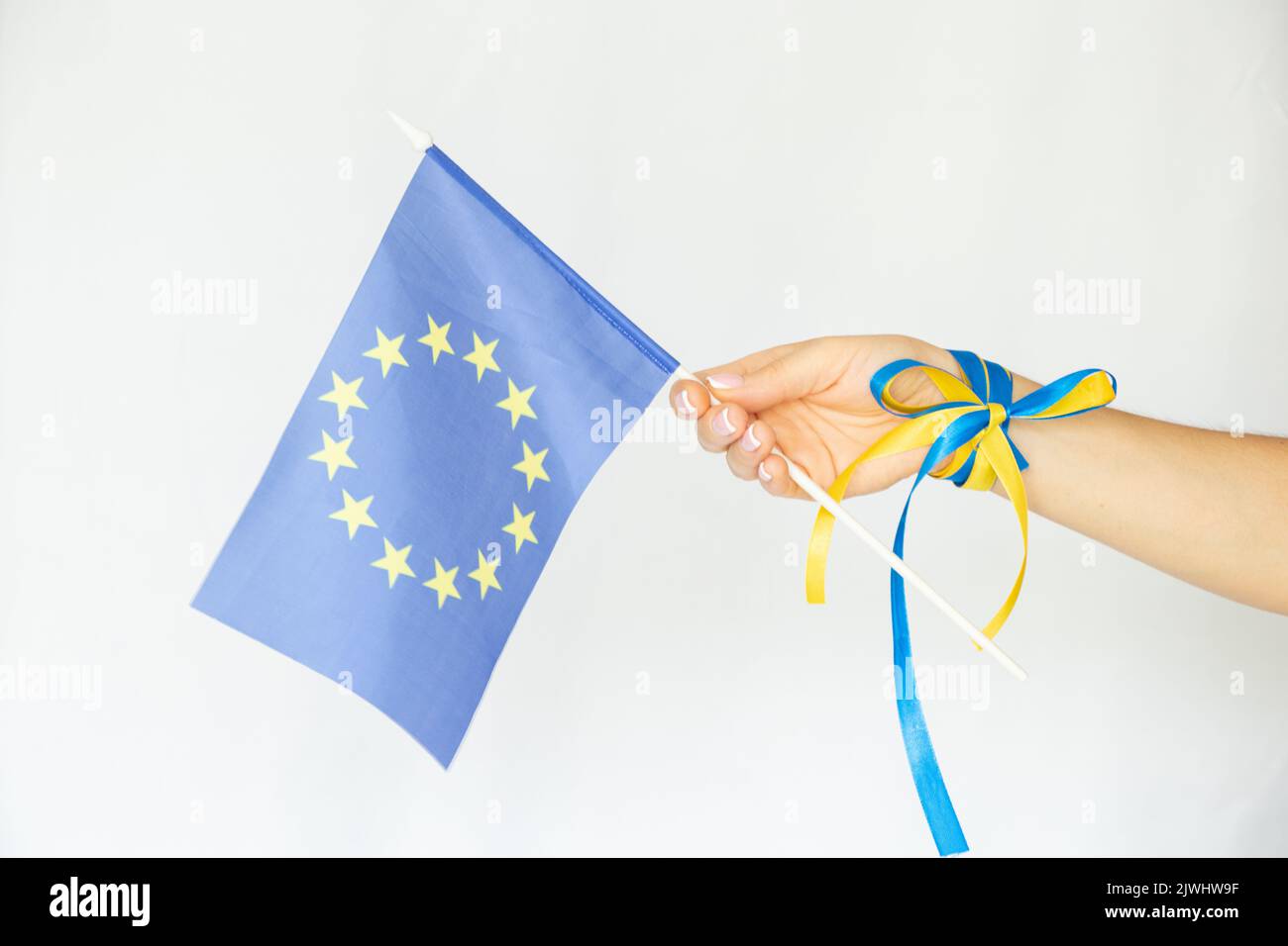 A female hand with a yellow-blue bow in the form of the flag of Ukraine ...