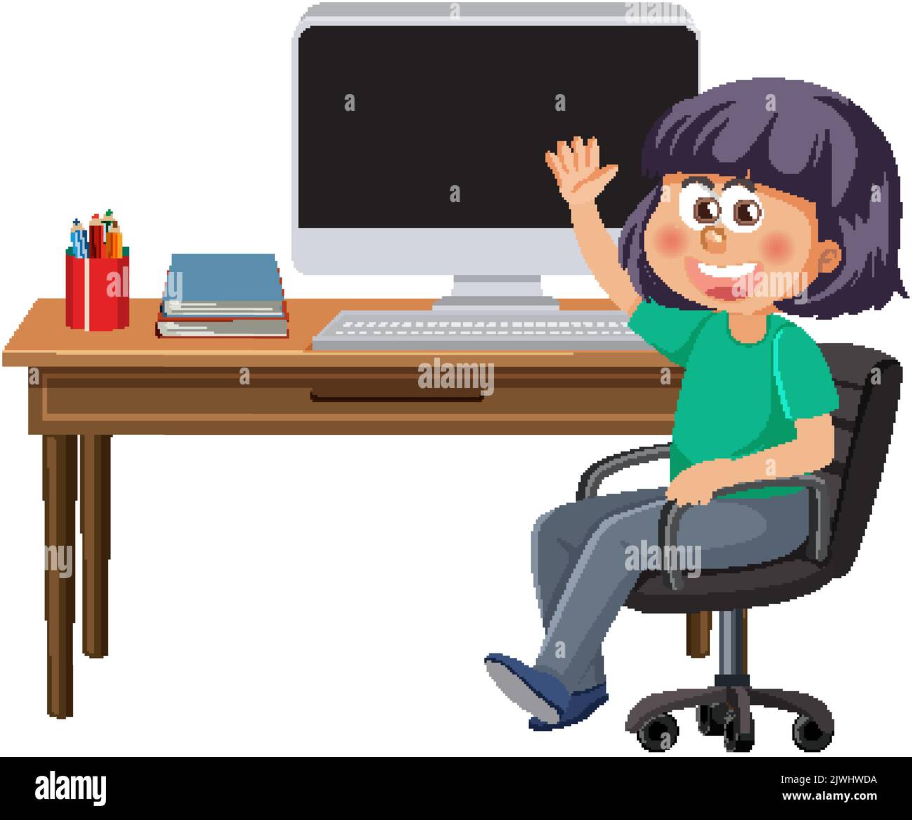 A girl sitting in front of computer illustration Stock Vector Image ...