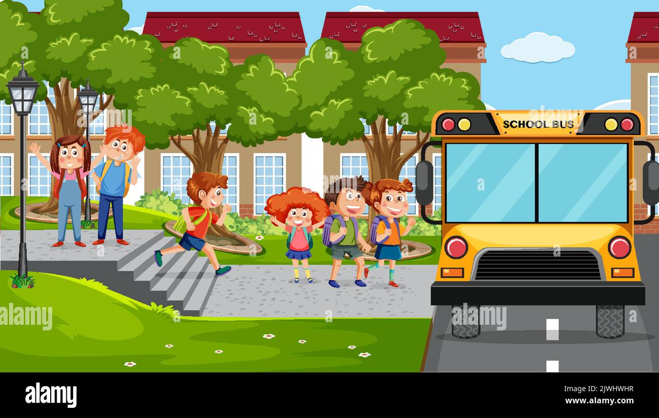 Outdoor scene with school bus and student illustration Stock Vector ...