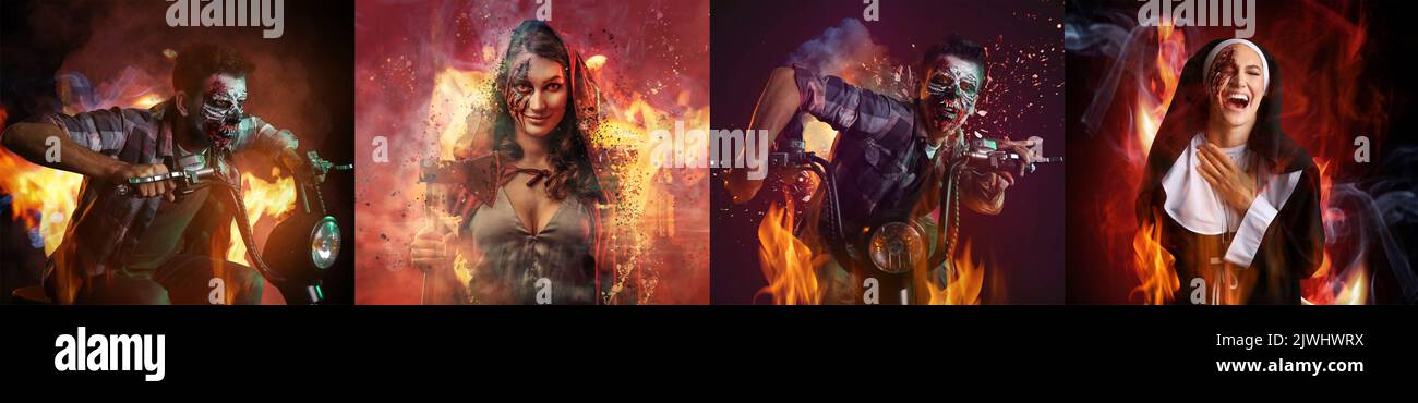 Collage with scary Halloween characters on dark background with burning ...