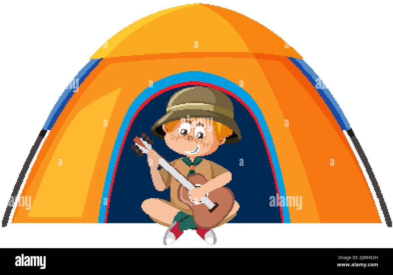 A boy scout in uniform playing guitar the camping tent illustration ...