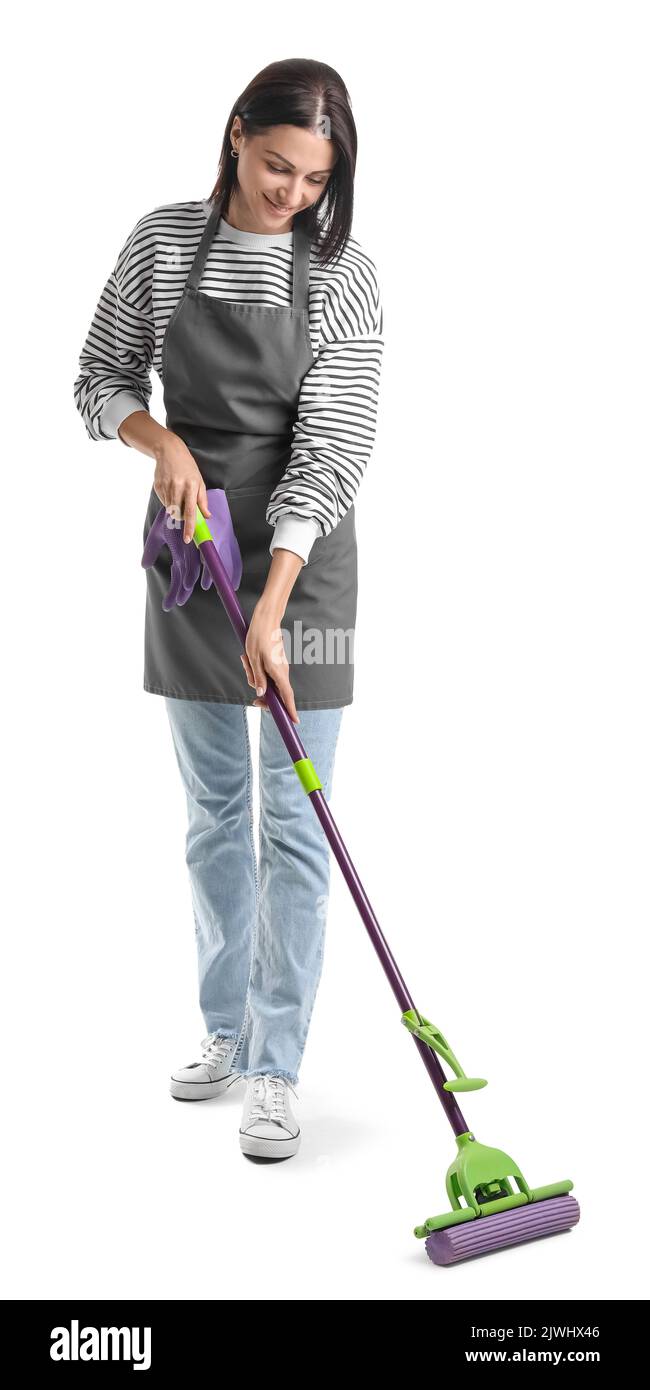 Beautiful woman with mop on white background Stock Photo - Alamy
