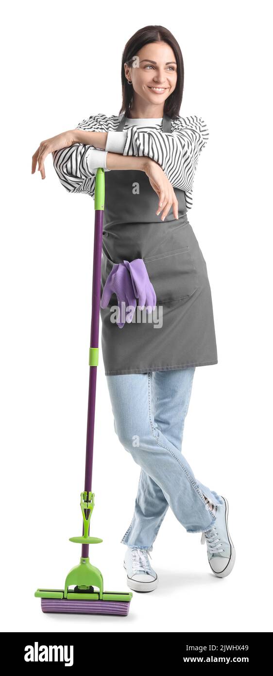 Beautiful woman with mop on white background Stock Photo - Alamy