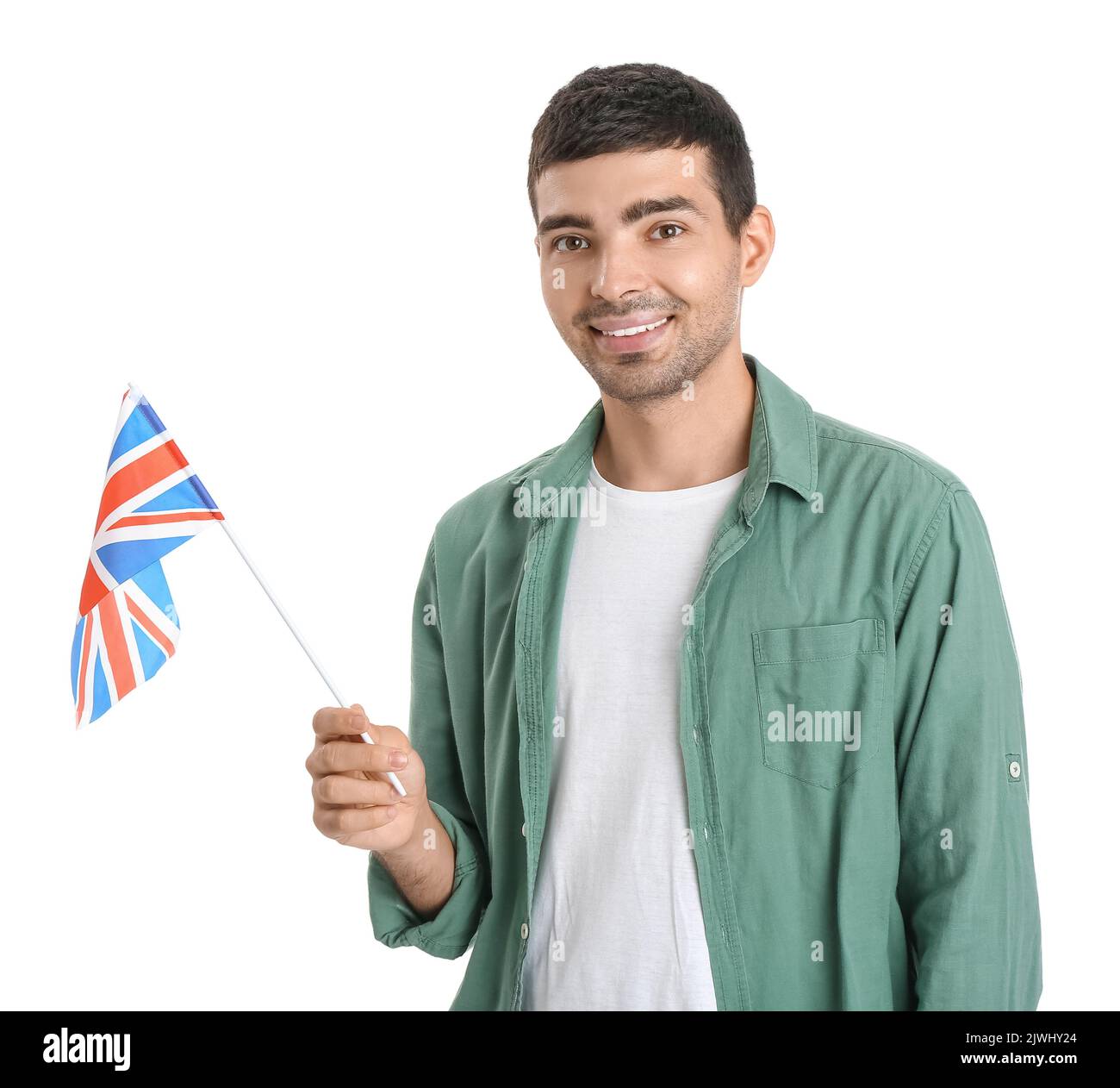 Young man with UK flag on white background Stock Photo - Alamy
