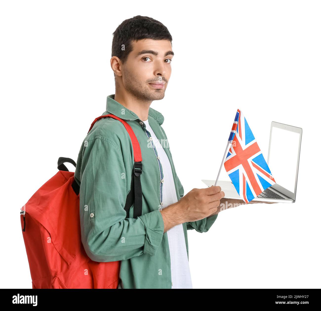 Young man with UK flag, backpack and laptop on white background Stock ...