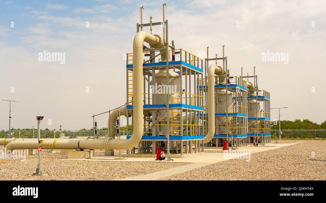 Dust filters in the form of vertical containers on a gas pipeline Stock ...