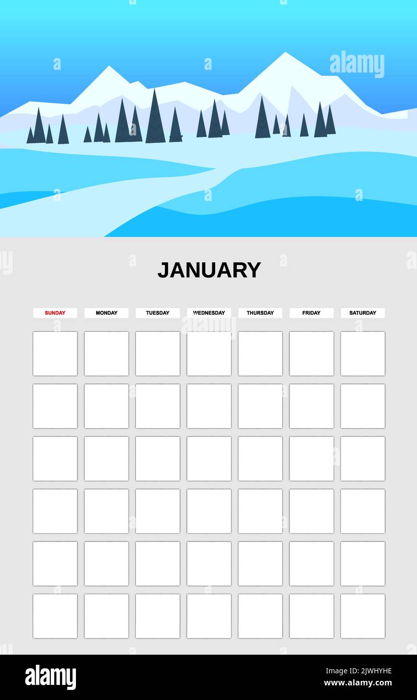January Calendar Planner month. Minimalistic snow field landscape ...