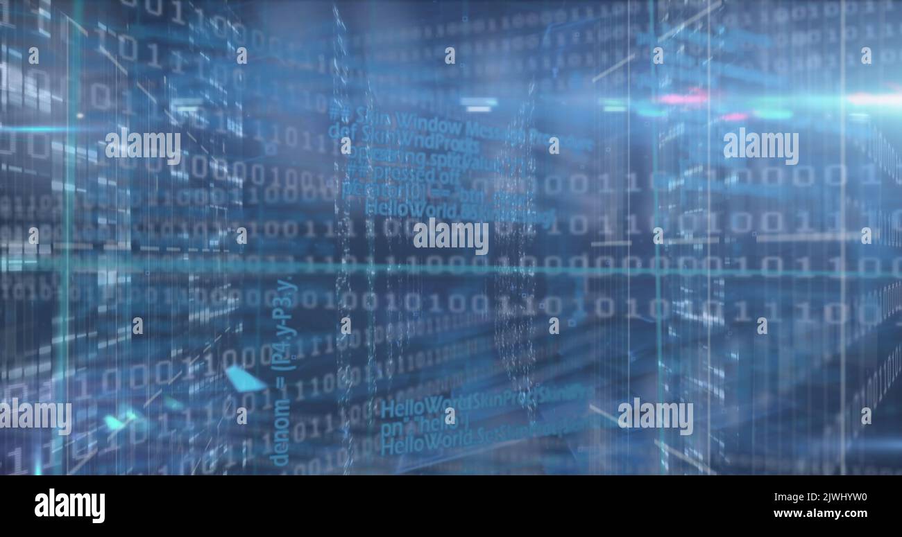 Image Of Binary Coding Data Processing Over Screens Of Mosaic Squares Against Blue Background