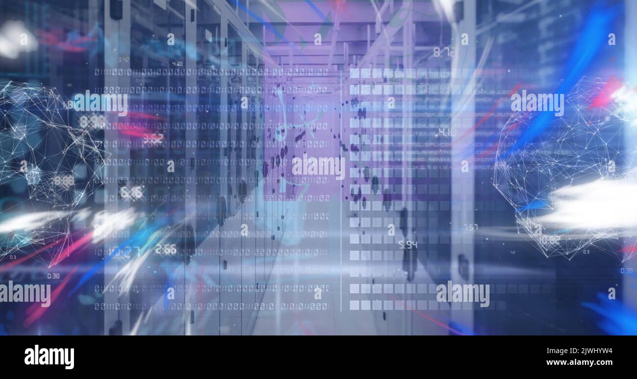 Image of digital waves, network of connections and data processing against computer server room ...