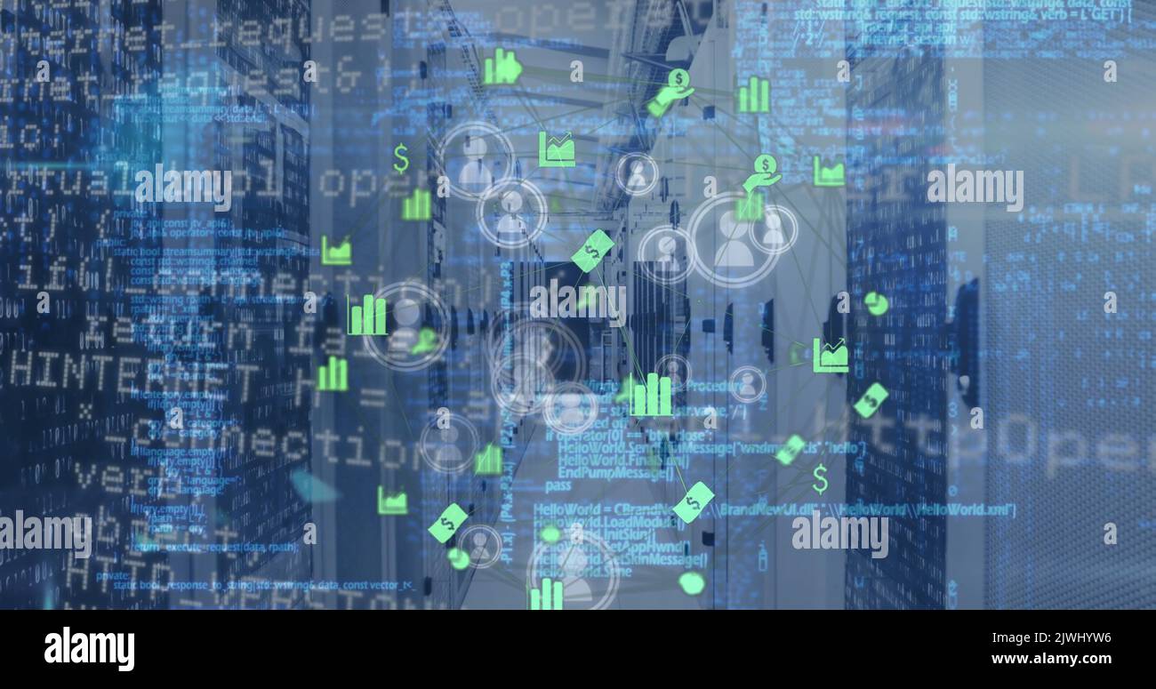 Image of globe of financial icons, profile icons and data processing over server room Stock ...