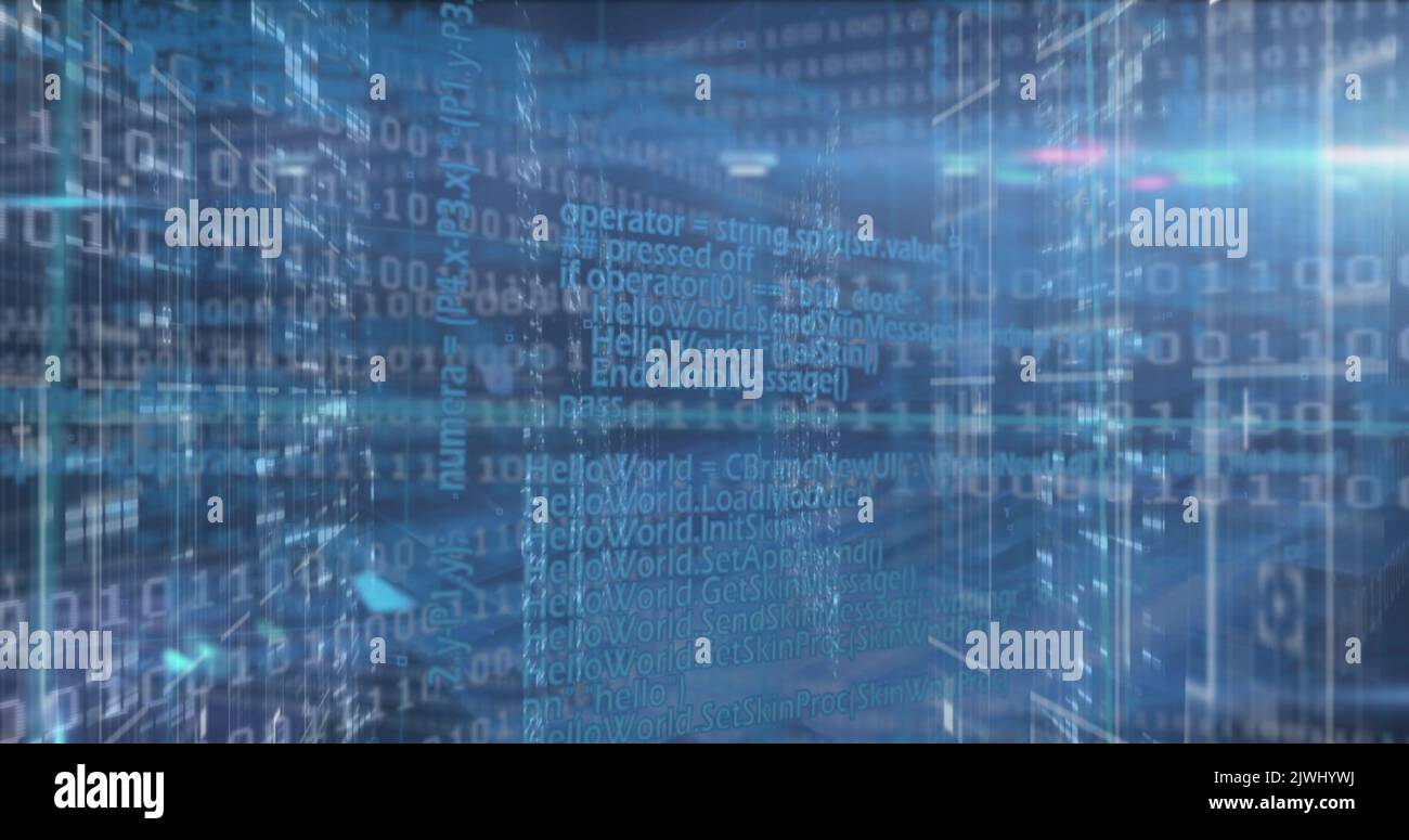 Image Of Binary Coding Data Processing Over Screens Of Mosaic Squares Against Blue Background