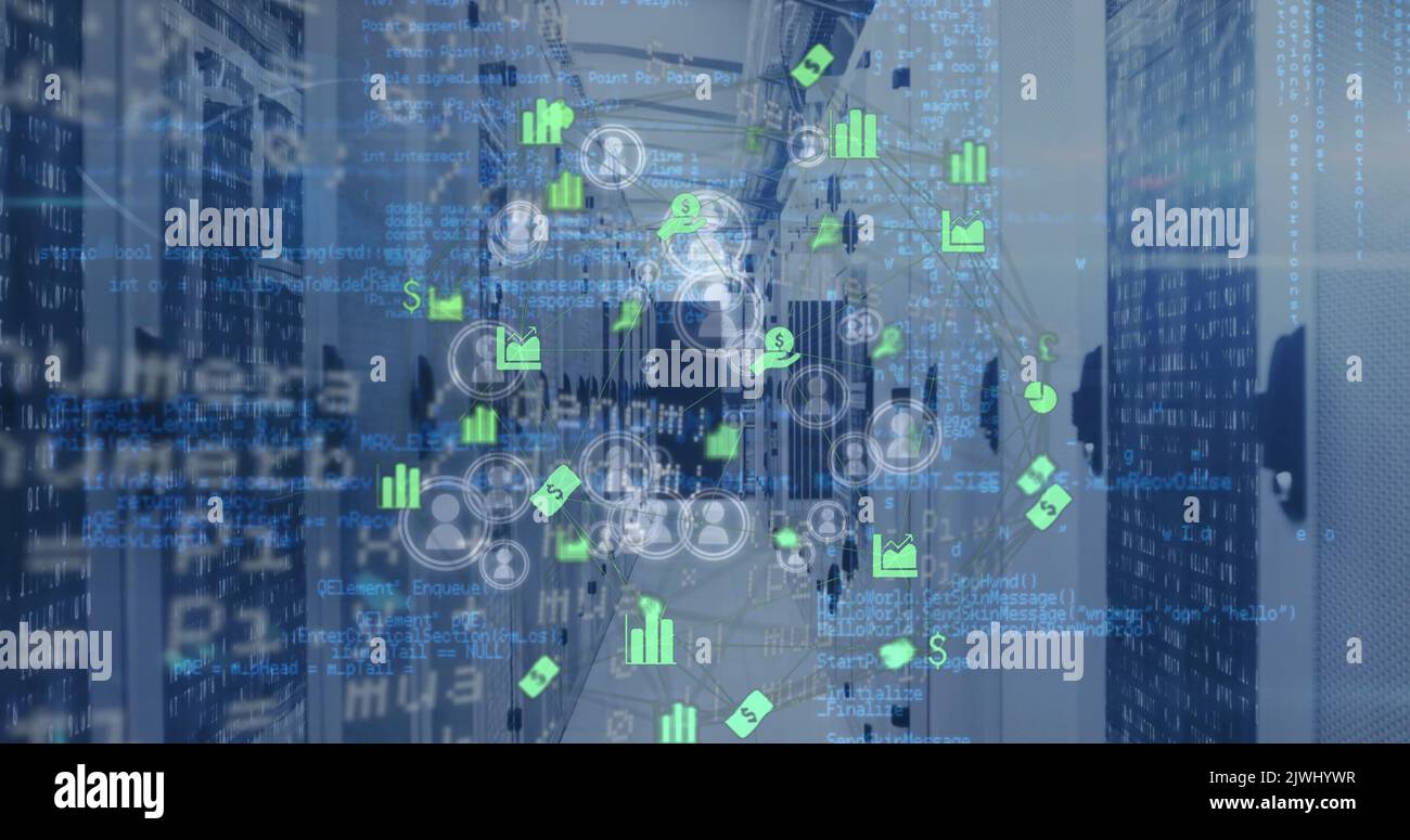 Image of globe of financial icons, profile icons and data processing over server room Stock ...