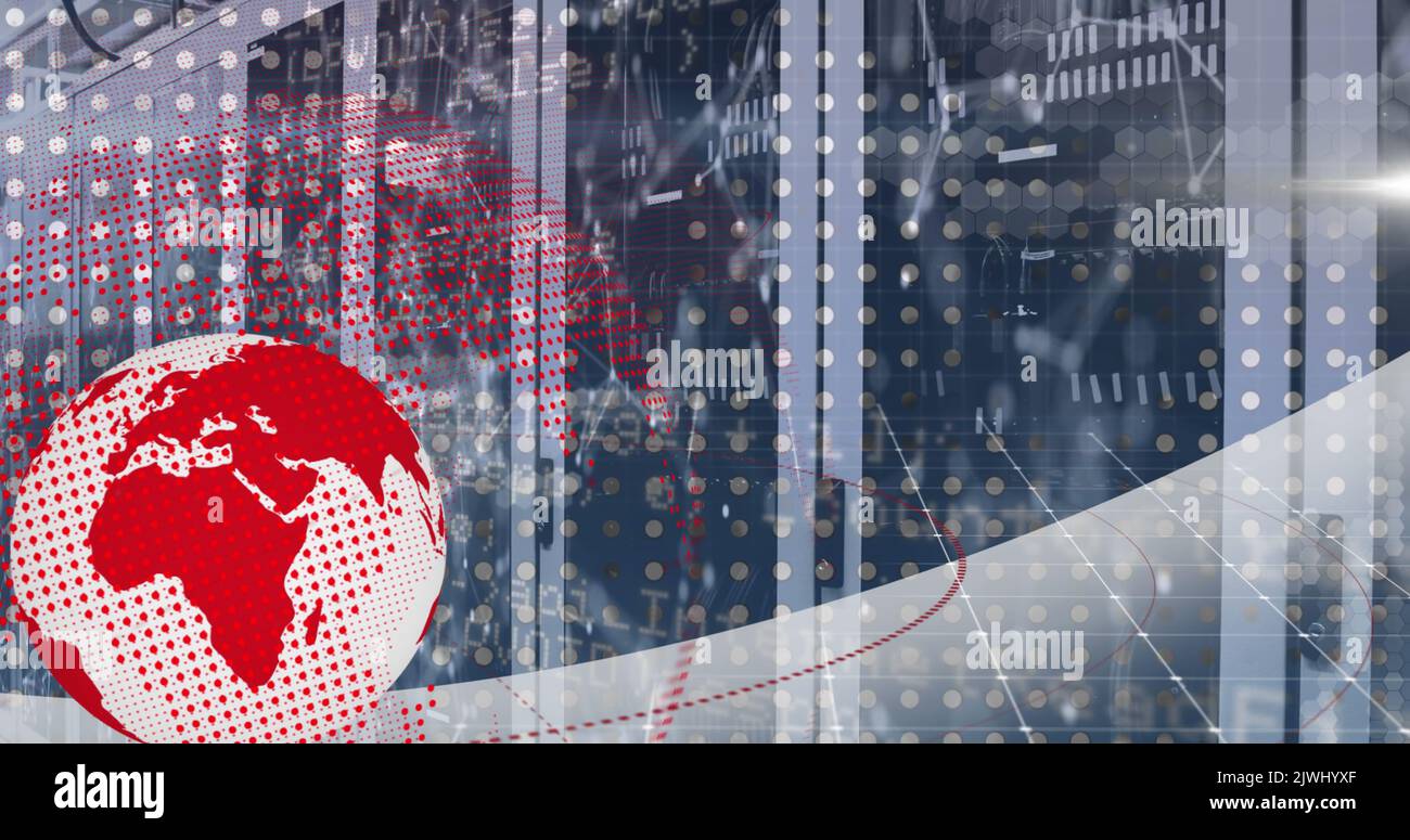 Image Of Spinning Globe Network Of Connections And Data Processing Over Computer Server Room