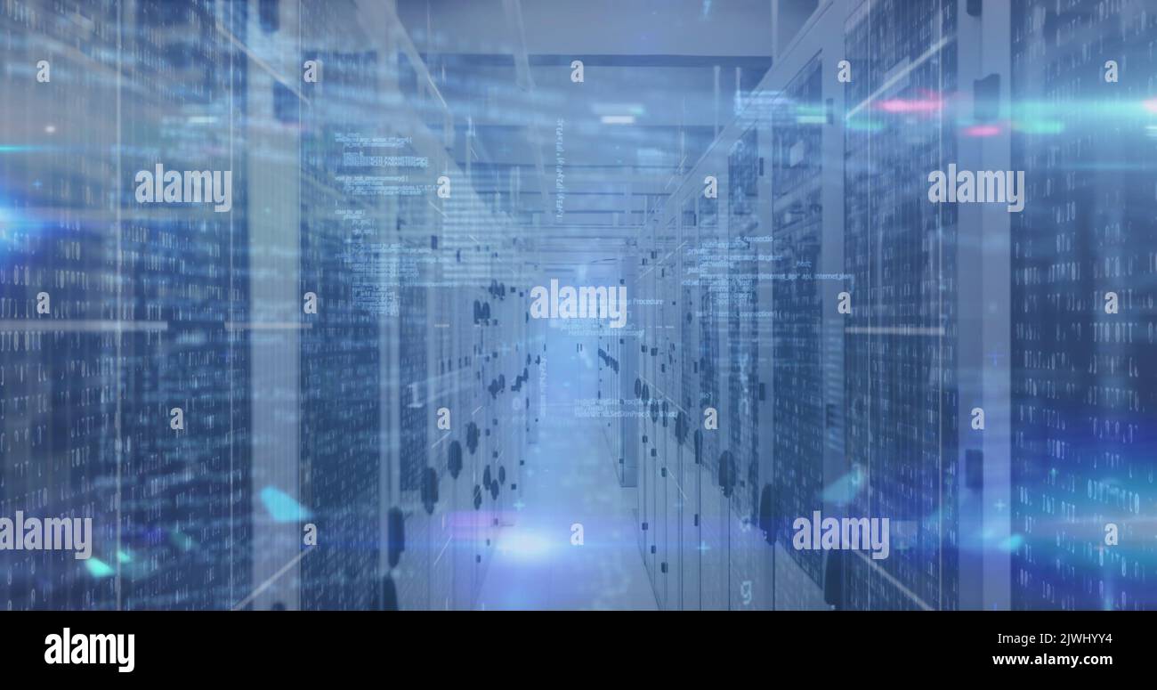 Image of data processing and light trails against empty computer server room Stock Photo - Alamy