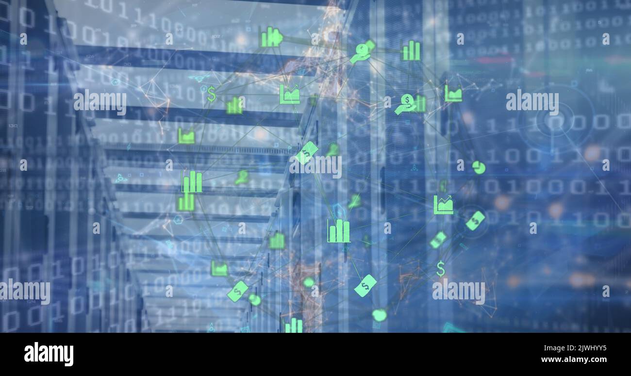 Image of globe of financial icons, network of connections and data processing over server room ...