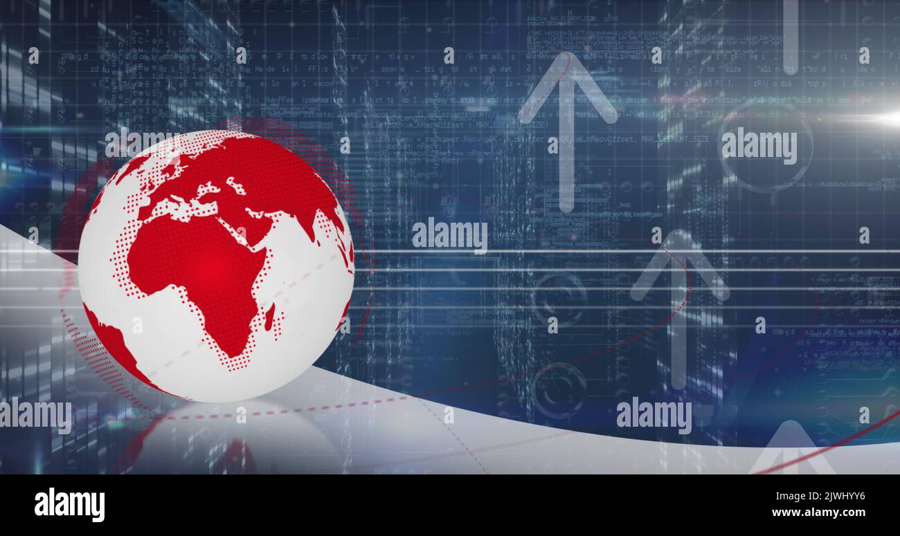 Image of spinning globe, arrow icons and data processing over screens of mosaic squares Stock ...