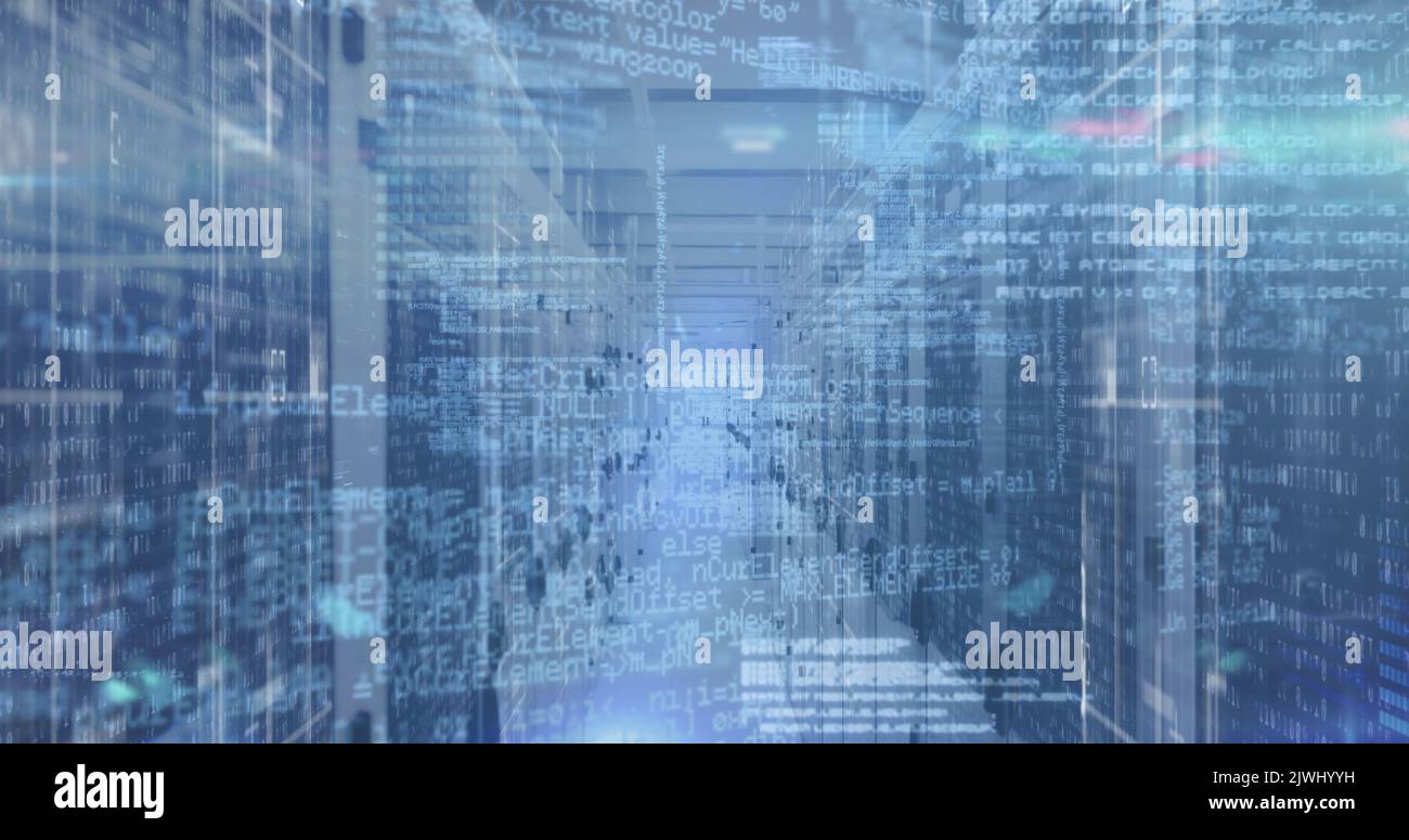 Image of data processing and light trails against empty computer server room Stock Photo - Alamy