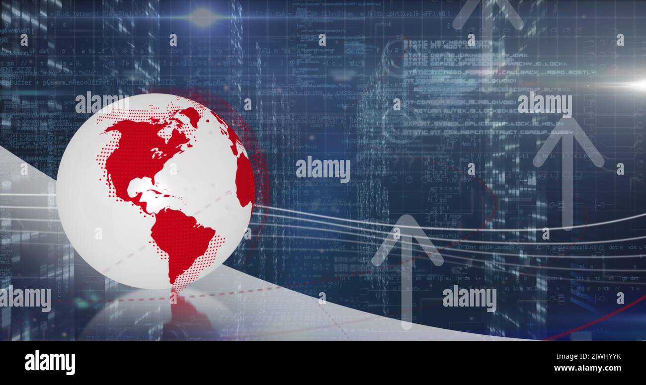 Image of spinning globe, arrow icons and data processing over screens of mosaic squares Stock ...
