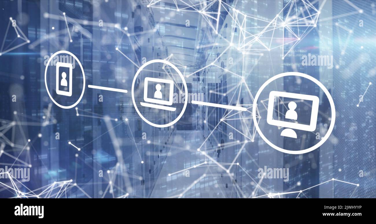 Image of digital icons over network of connections against empty computer server room Stock ...