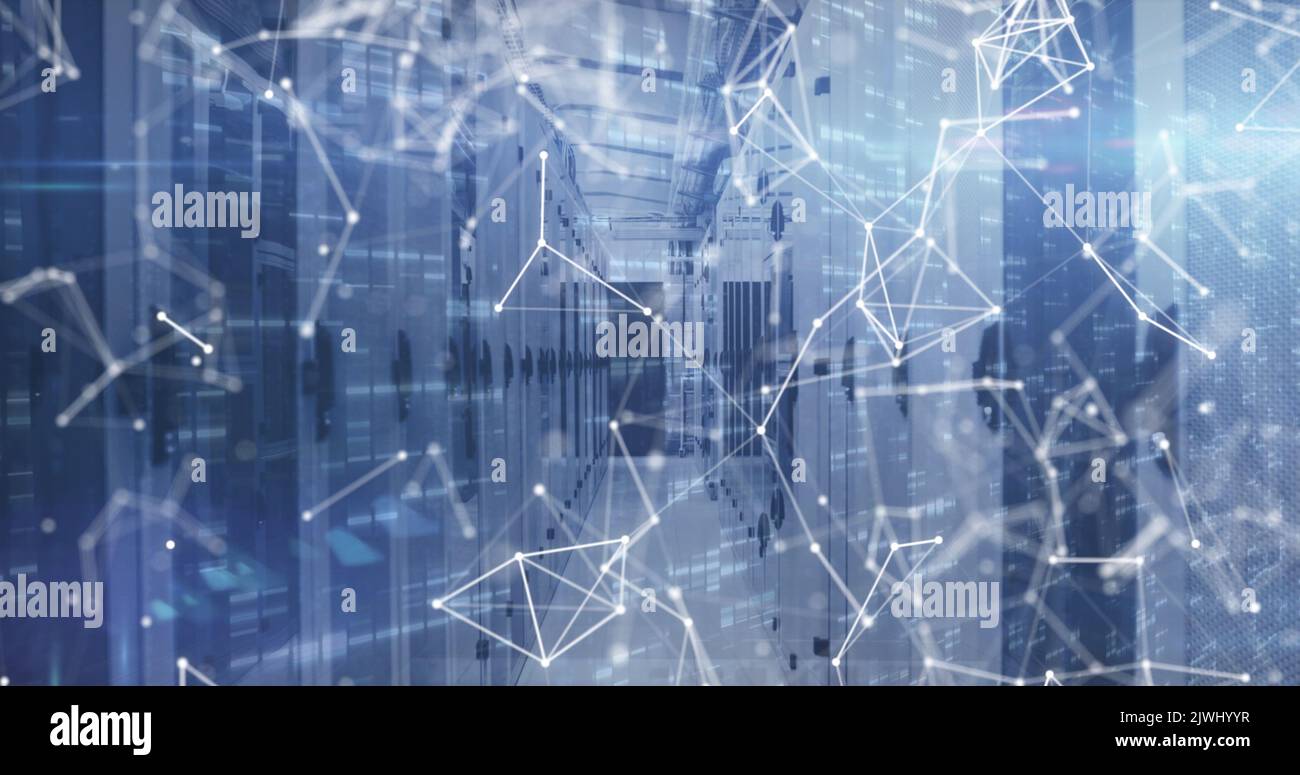 Image of digital icons over network of connections against empty computer server room Stock ...