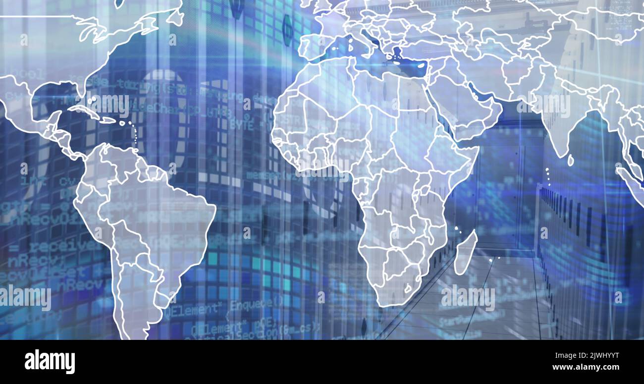 Image Of World Map Binary Coding And Data Processing Over Empty Computer Server Room Stock