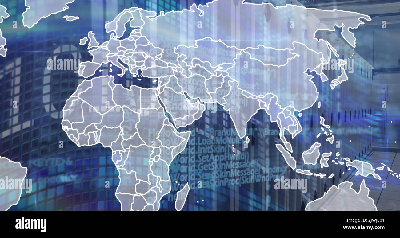 Image Of World Map Binary Coding And Data Processing Over Empty Computer Server Room Stock